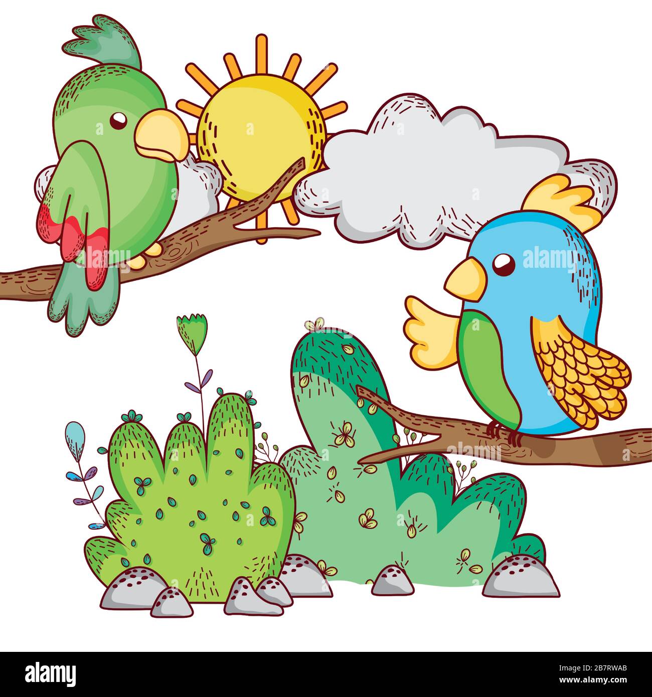 cute animals, parrots in branches tree foliage sun cloud cartoon vector ...