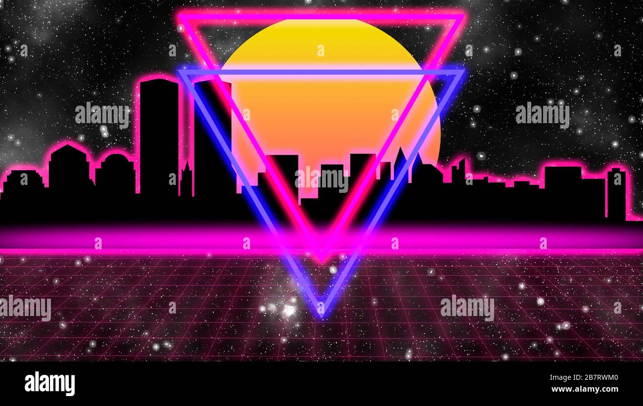 Beautiful colorful 1980s retro concept with cityscape on pink light ...