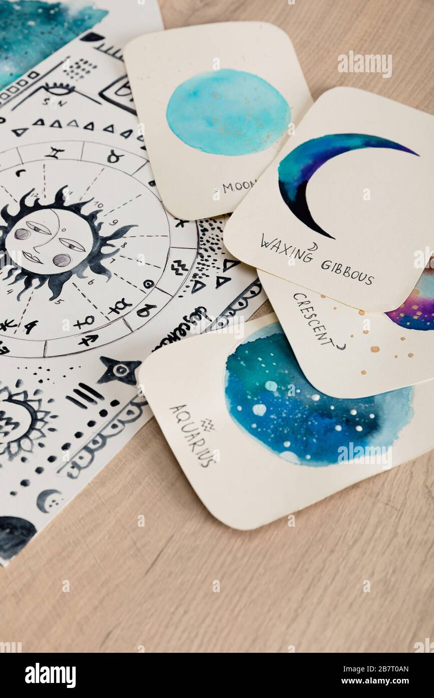 Cards with watercolor drawings of moon phases and birth cart with ...