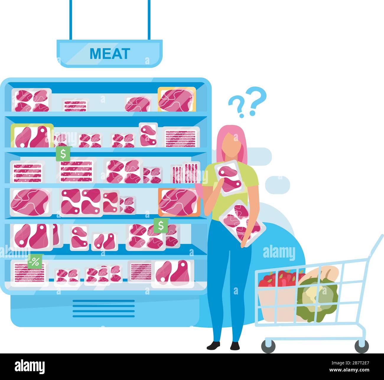 Girl choosing meat in grocery store flat vector illustration Stock ...