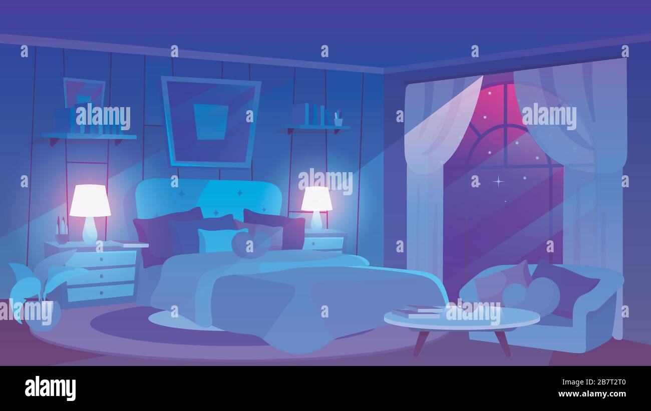 Bedroom interior in moonlight rays flat vector illustration Stock ...