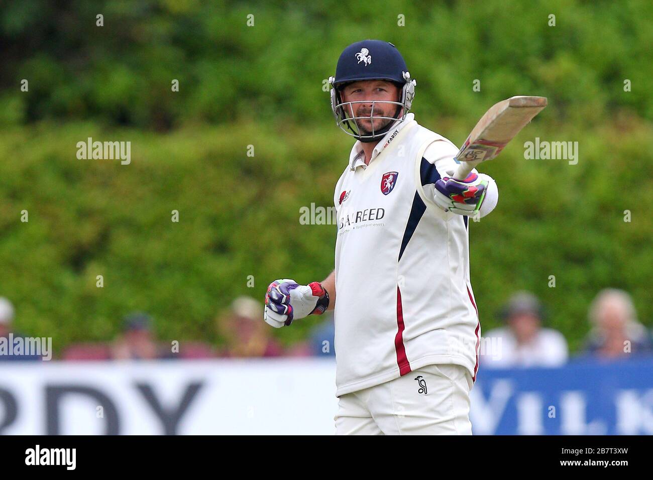 Darren Stevens of Kent CCC celebrates scoring a half-century, 50 runs ...