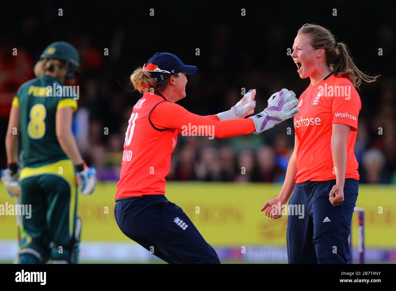 Anya Shrubsole of England (R) takes a catch from her own bowling to ...