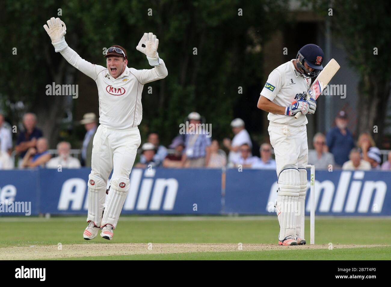 Gary Wilson of Surrey CCC (L) celebrates the wicket of Nick Browne ...