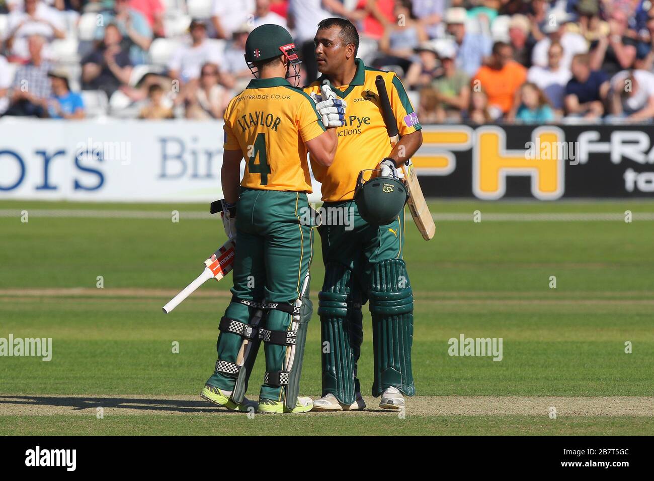 Samit Patel (R) of Notts Outlaws celebrates scoring a century, 100 runs ...
