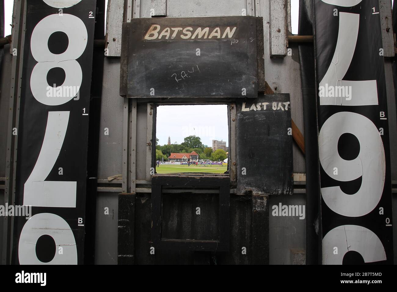 General view of the ground from inside the portable scoreboard used at ...
