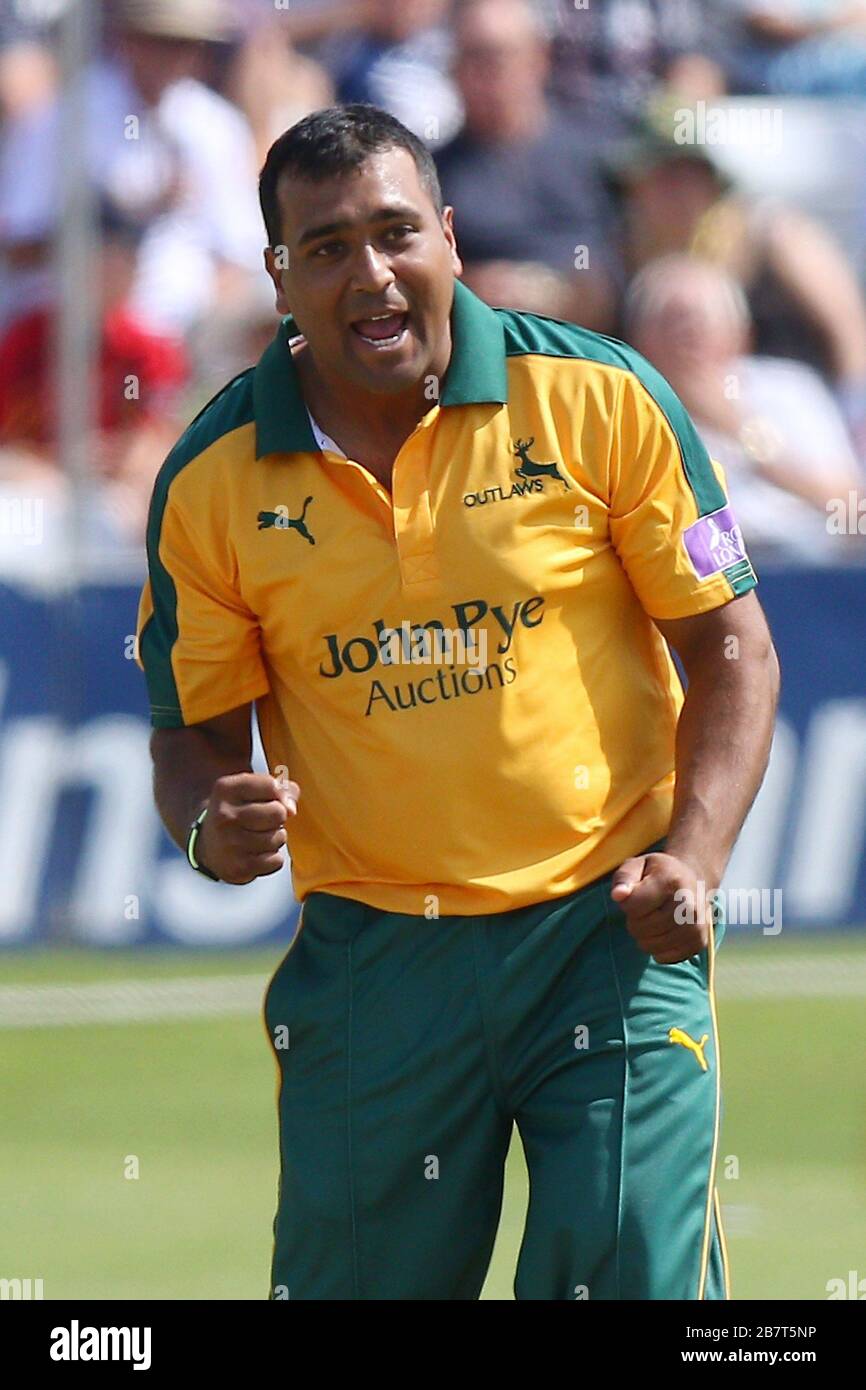 Samit Patel of Notts celebrates taking the wicket of Tom Westley Stock ...