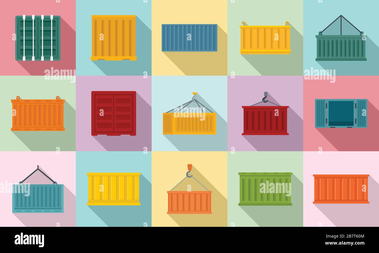 Cargo container icons set. Flat set of cargo container vector icons for ...