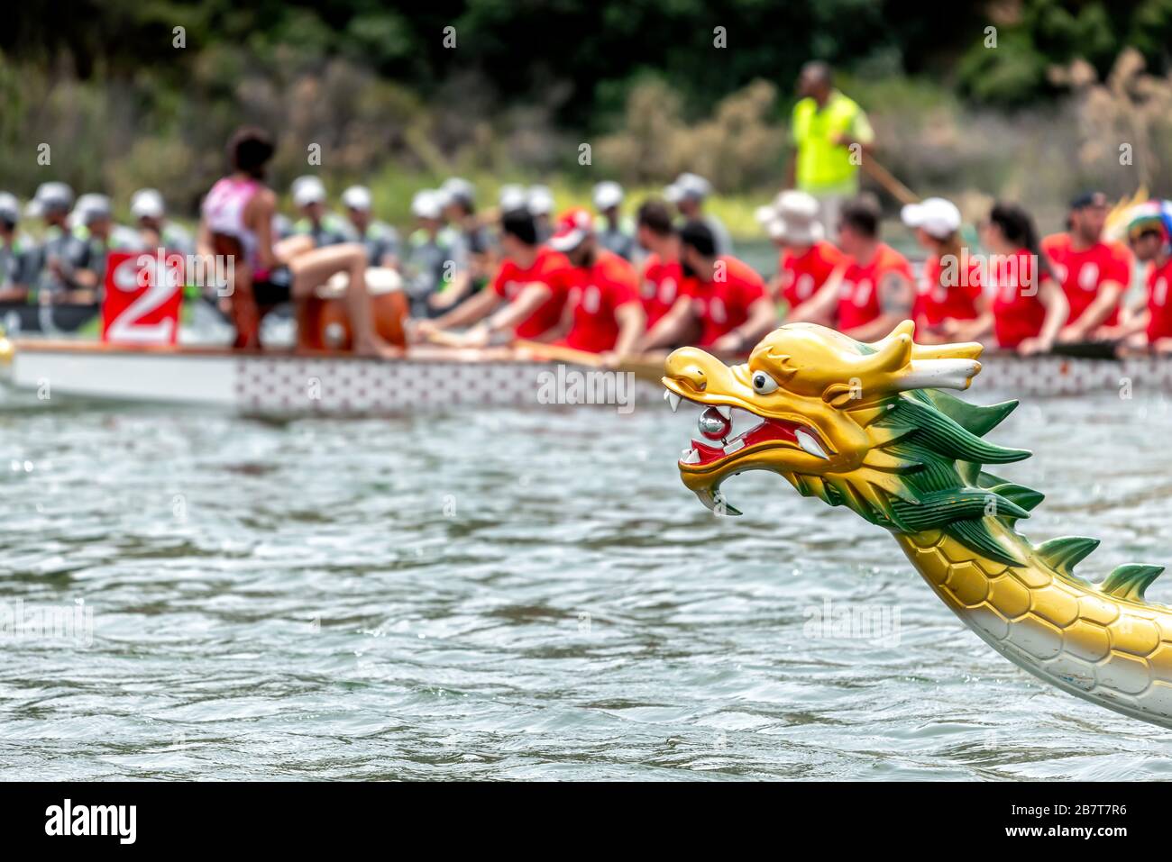 Dragon boat's head with racing team on the background Stock Photo - Alamy
