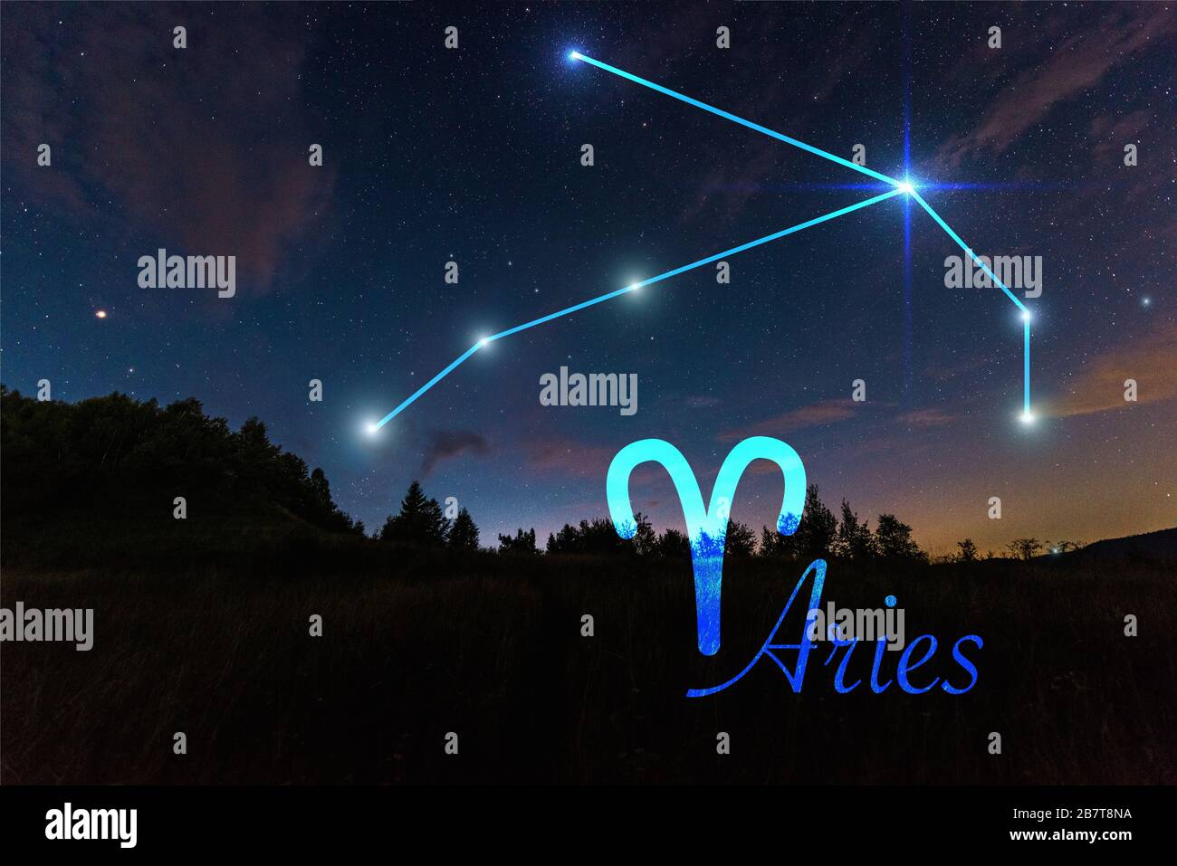 dark landscape with night starry sky and Aries constellation Stock ...