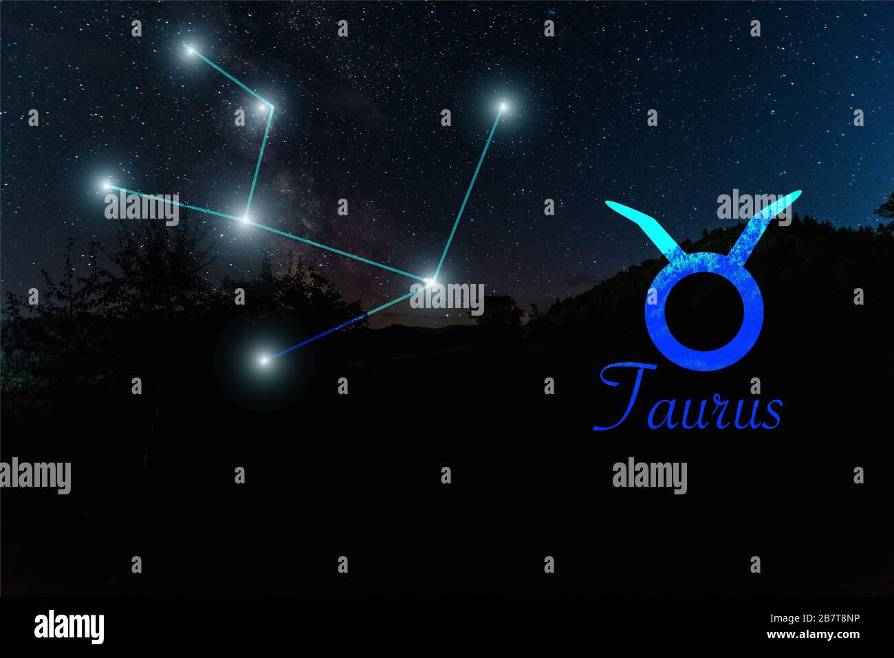 dark landscape with night starry sky and Taurus constellation Stock ...