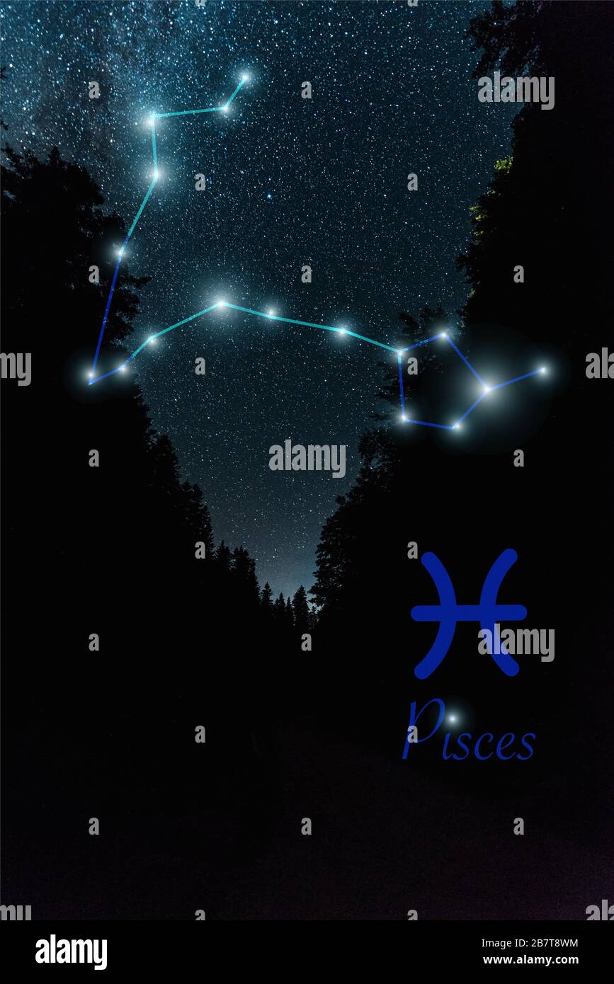 dark landscape with night starry sky and Pisces constellation Stock ...