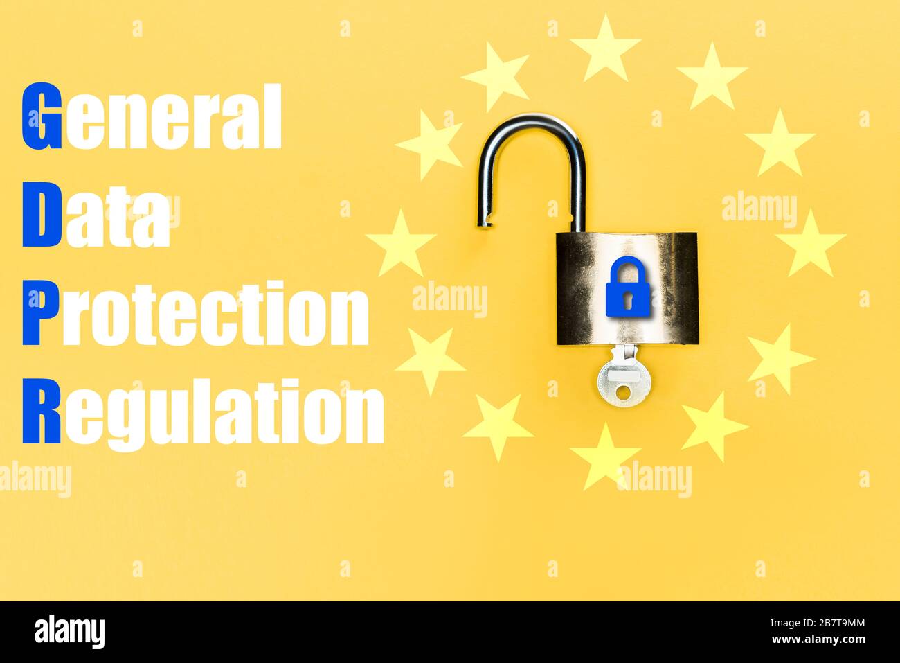 top view of locker with key near blue gdpr lettering on yellow Stock ...