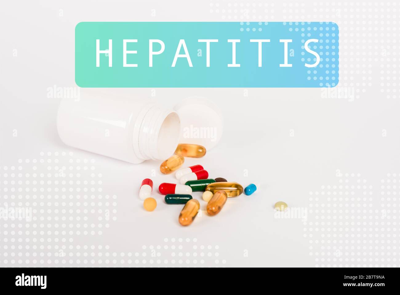 bottle near colorful pills and hepatitis lettering on white Stock Photo ...