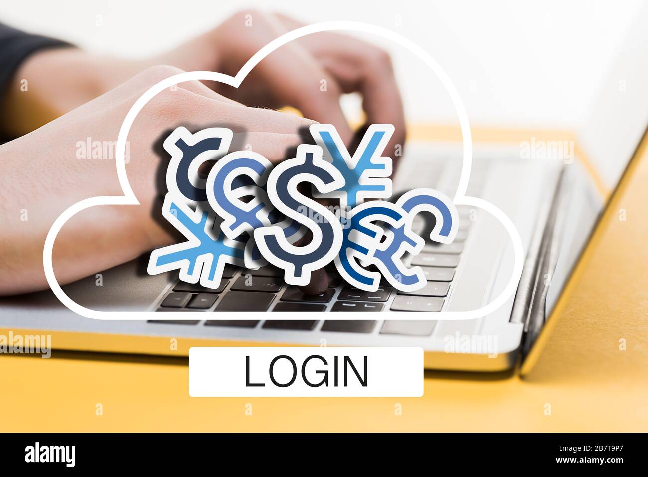 close up of hacker using laptop near login lettering and money signs on ...