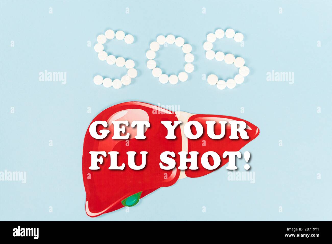 top view of drawn liver near sos and get your flu shot lettering on ...