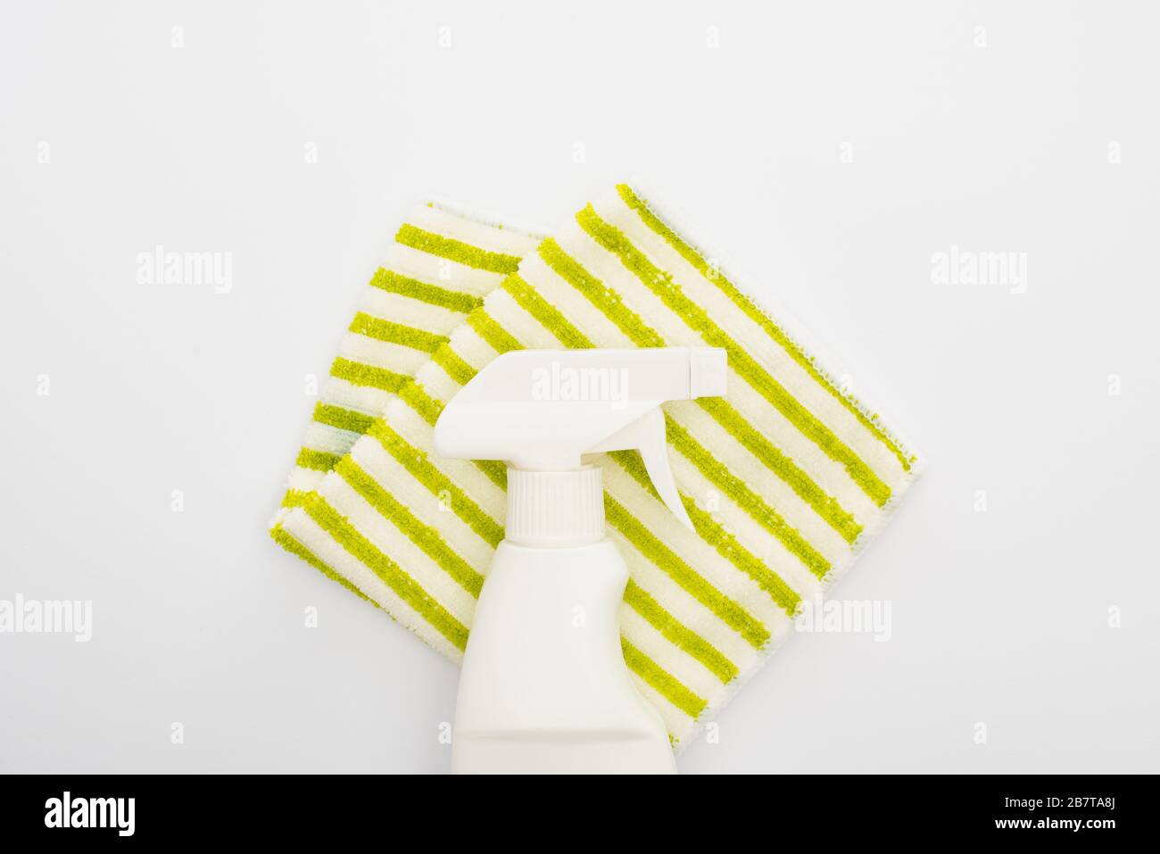 top view of spray bottle and rag on white background,stock photo Stock ...
