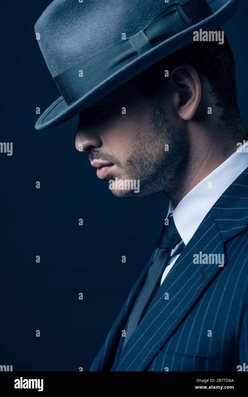 Profile of mafioso in suit and felt hat on dark background Stock Photo ...