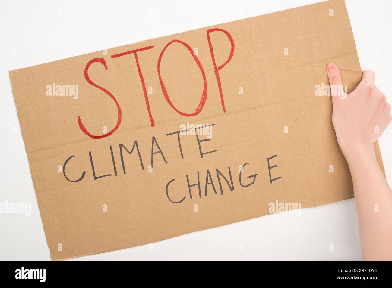 Cropped view of woman holding placard with stop climate change ...