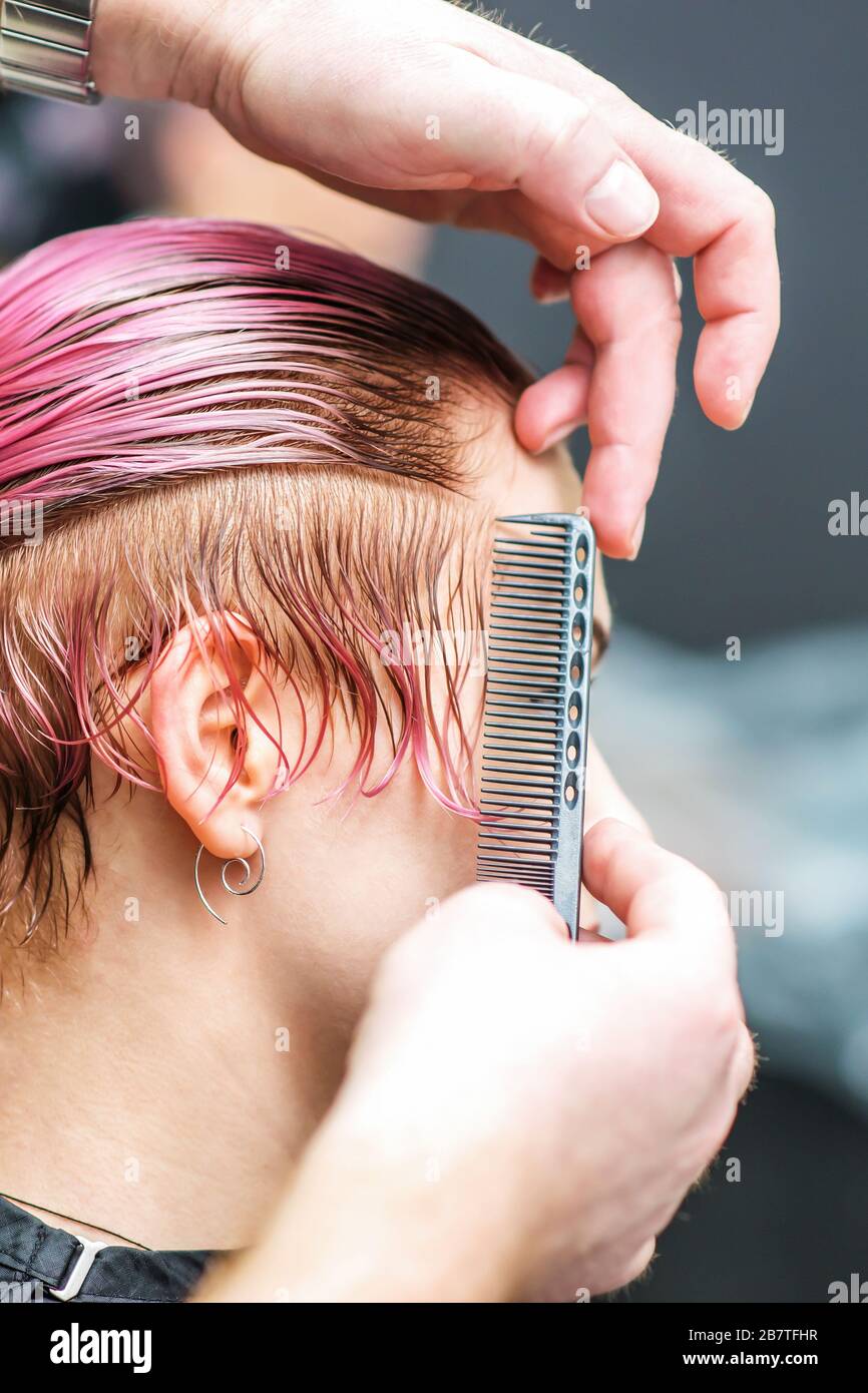 Hairdresser combs hair of woman at hair salon Stock Photo - Alamy