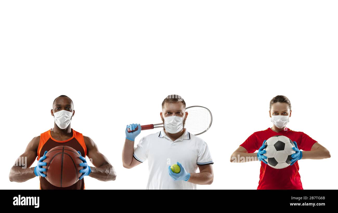 Beat the disease. Sportsmen in protective masks, gloves. Prevention of ...