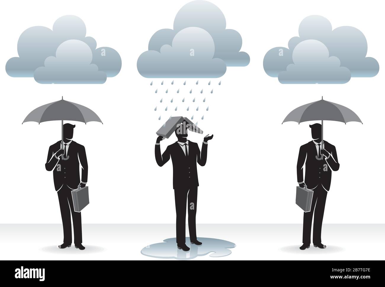 Corporate Rainy Days-Businessman trying to stay dry under a rain cloud ...