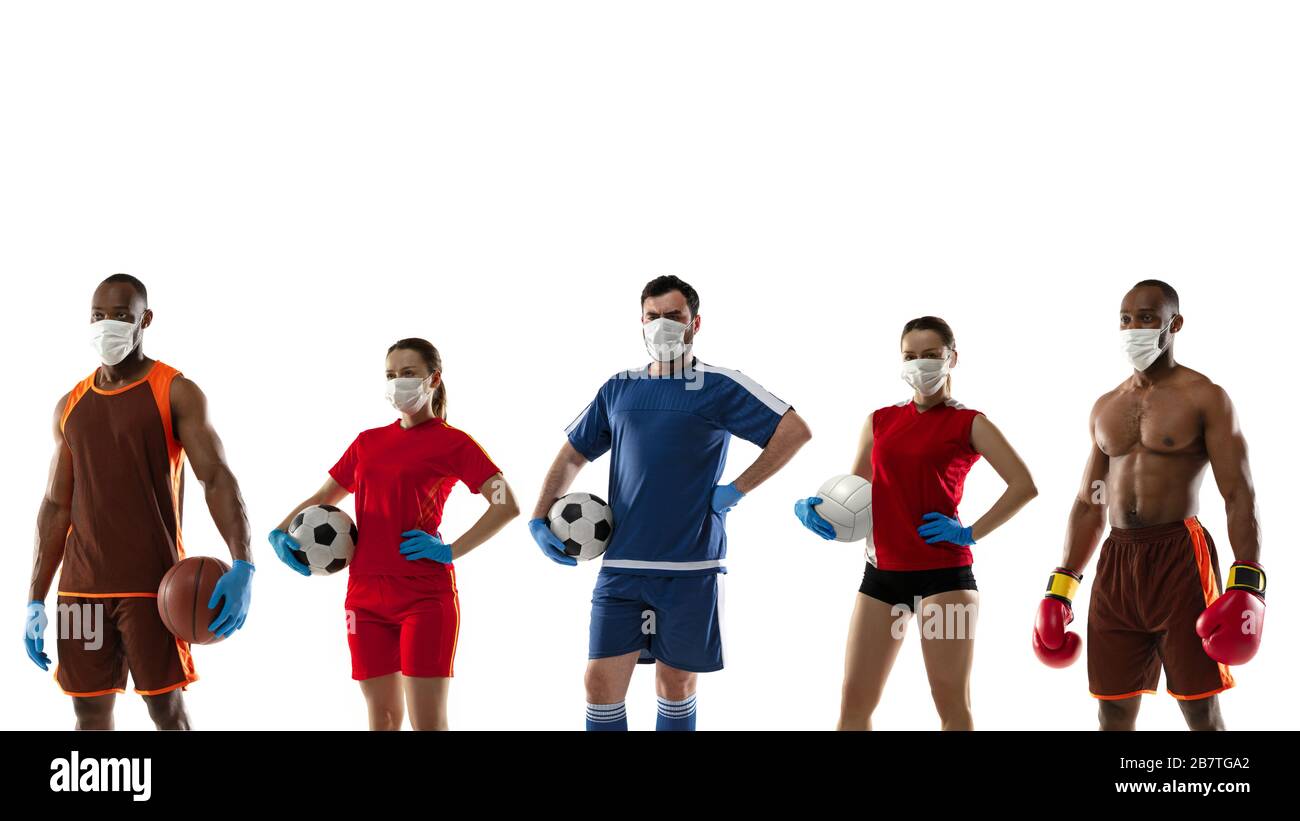 Beat the disease. Sportsmen in protective masks, gloves. Prevention of ...