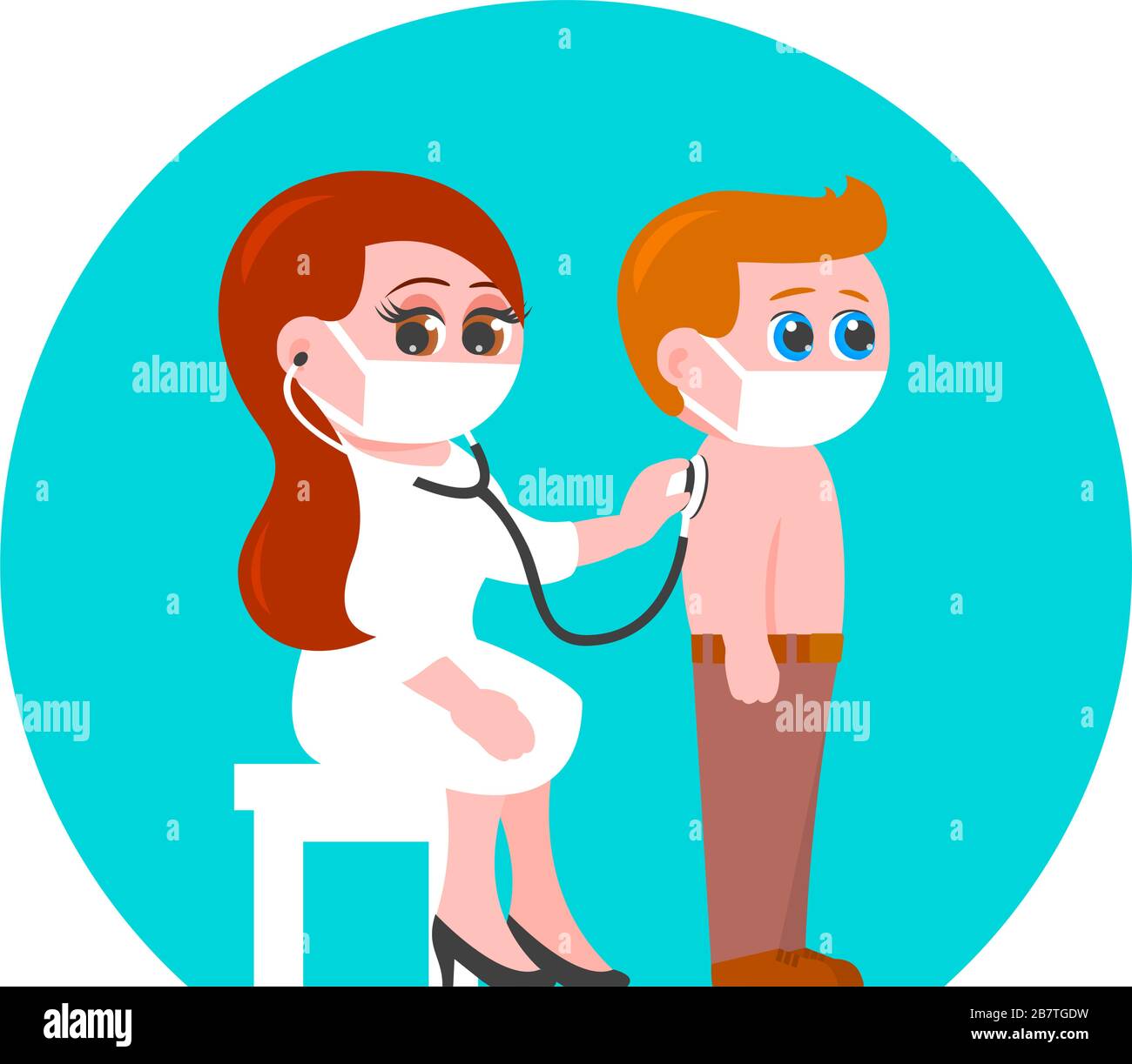 Doctor woman in a medical mask listens to the breath of a boy. Health ...
