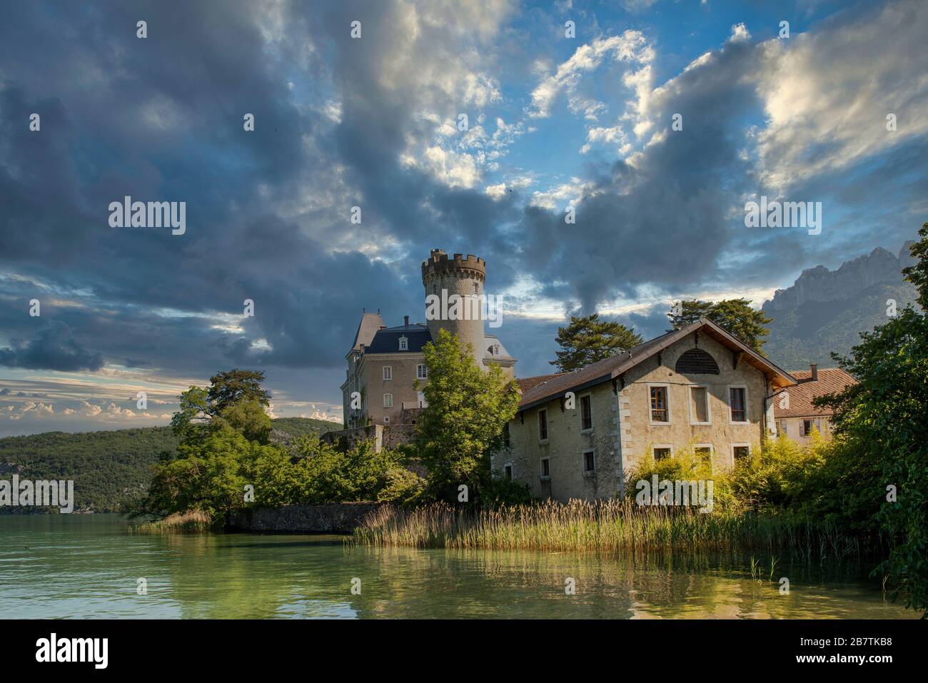view of Lake Annecy and Chateau de Duingt (Duingt Castle), Haute-Savoie ...