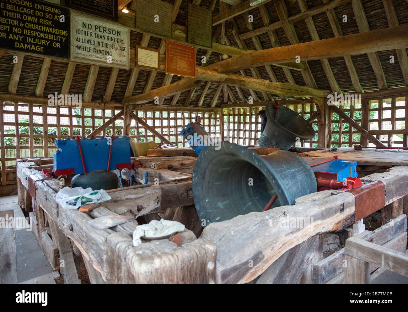 Bells ringing in bell cage of East Bergholt church, Suffolk, England ...