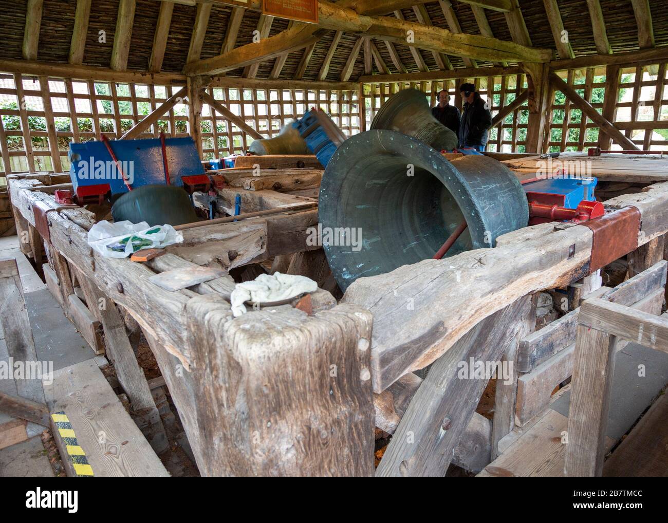 Bells ringing in bell cage of East Bergholt church, Suffolk, England ...