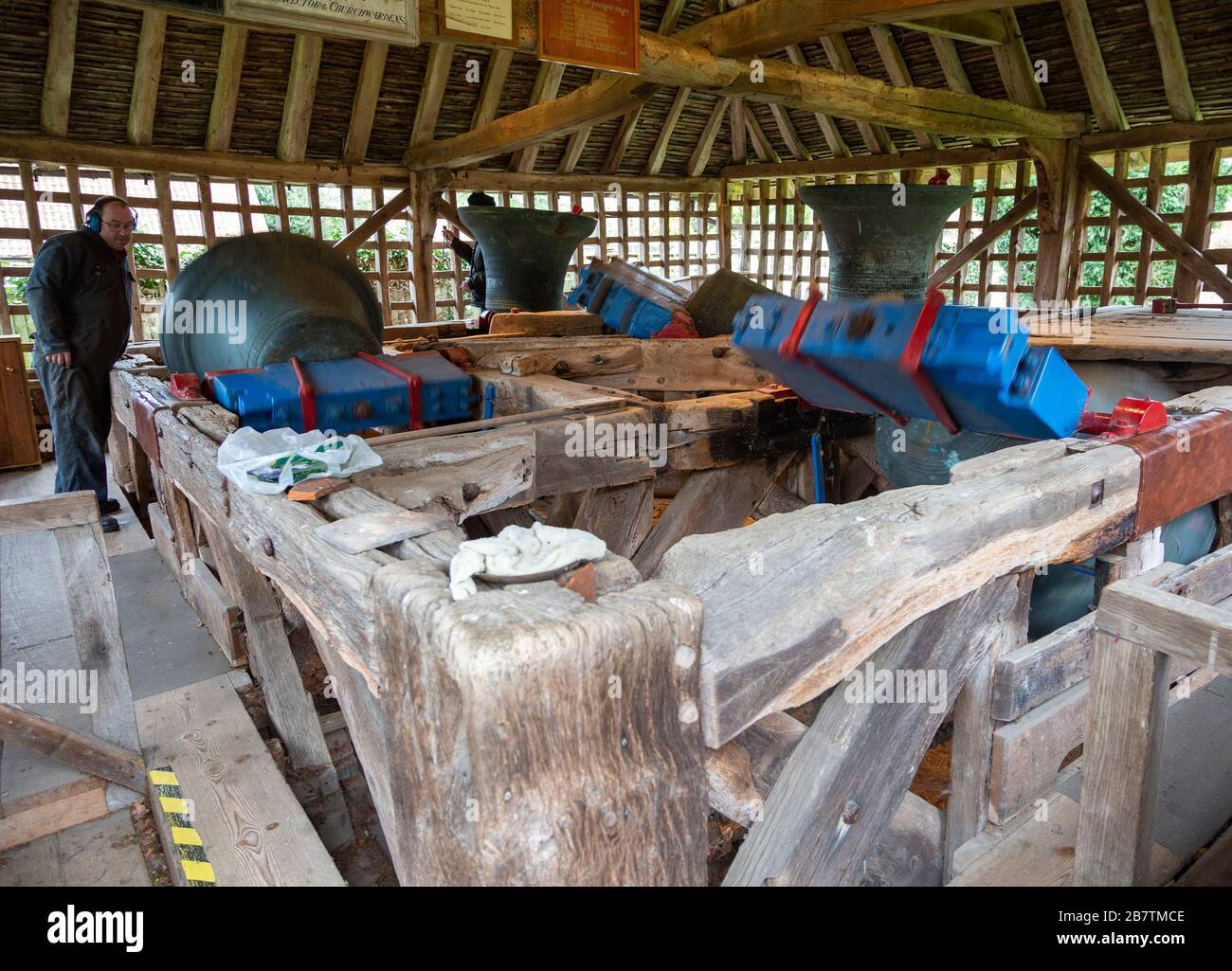 Bells ringing in bell cage of East Bergholt church, Suffolk, England ...