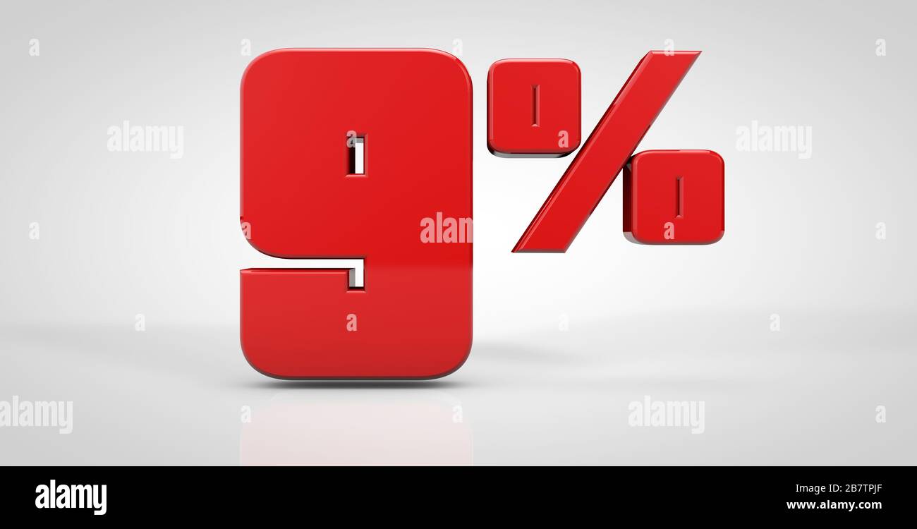 9% red text isolated on white background, 3d render illustration Stock ...