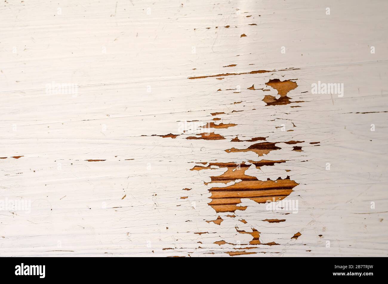 The process of destruction of white paint on a wooden surface. Old ...