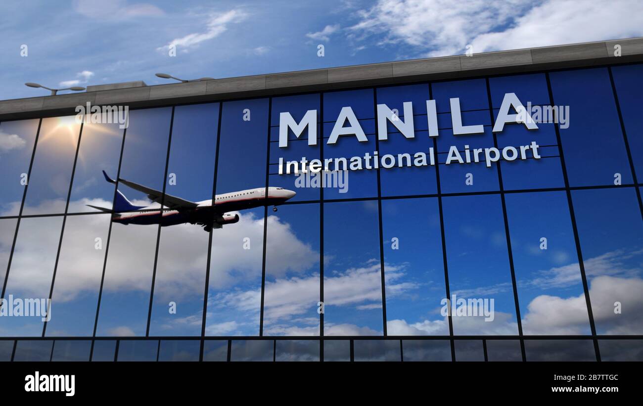 Jet aircraft landing at Manila, Philippines 3D rendering illustration ...