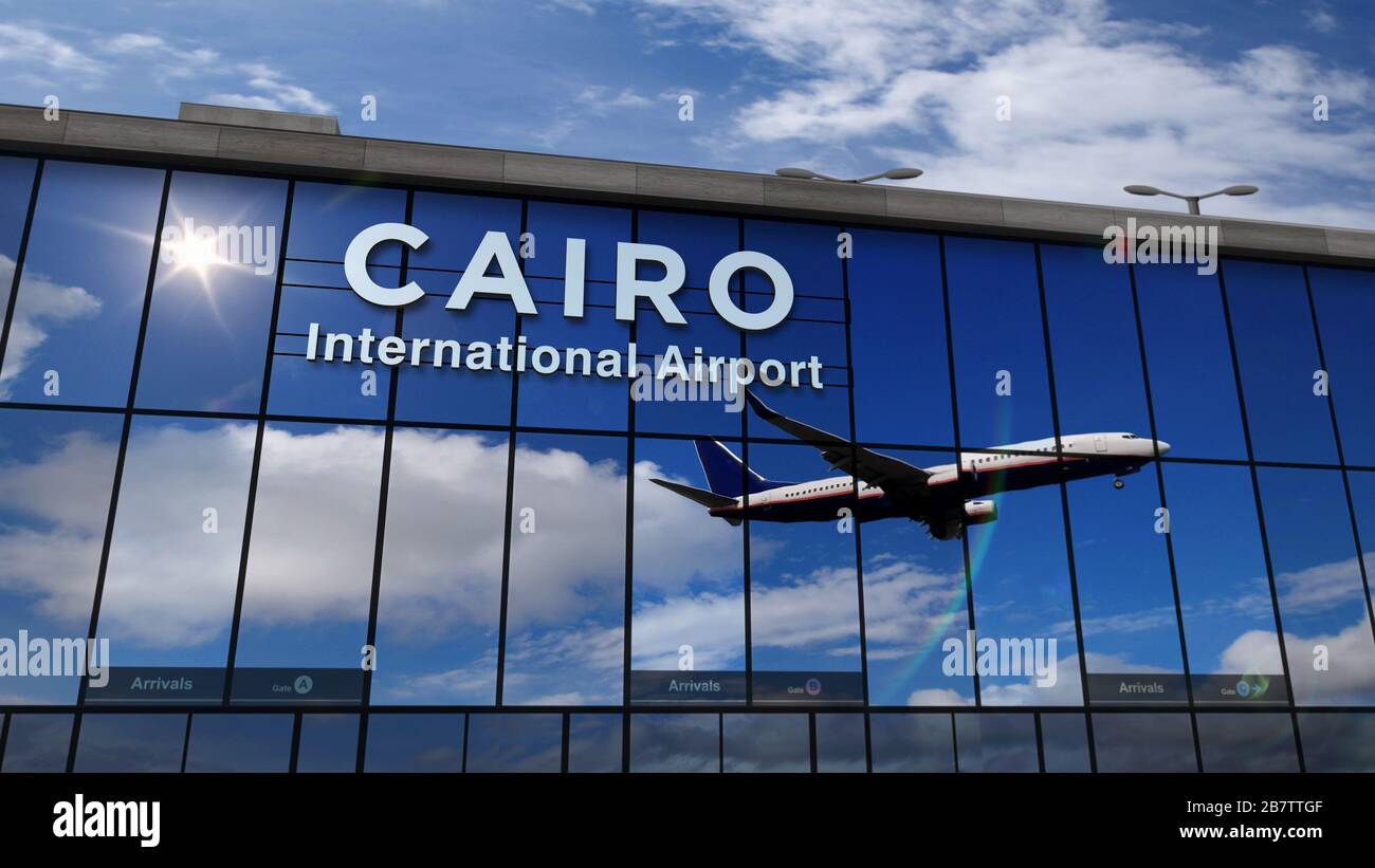 Jet aircraft landing at Cairo, Egypt 3D rendering illustration. Arrival ...