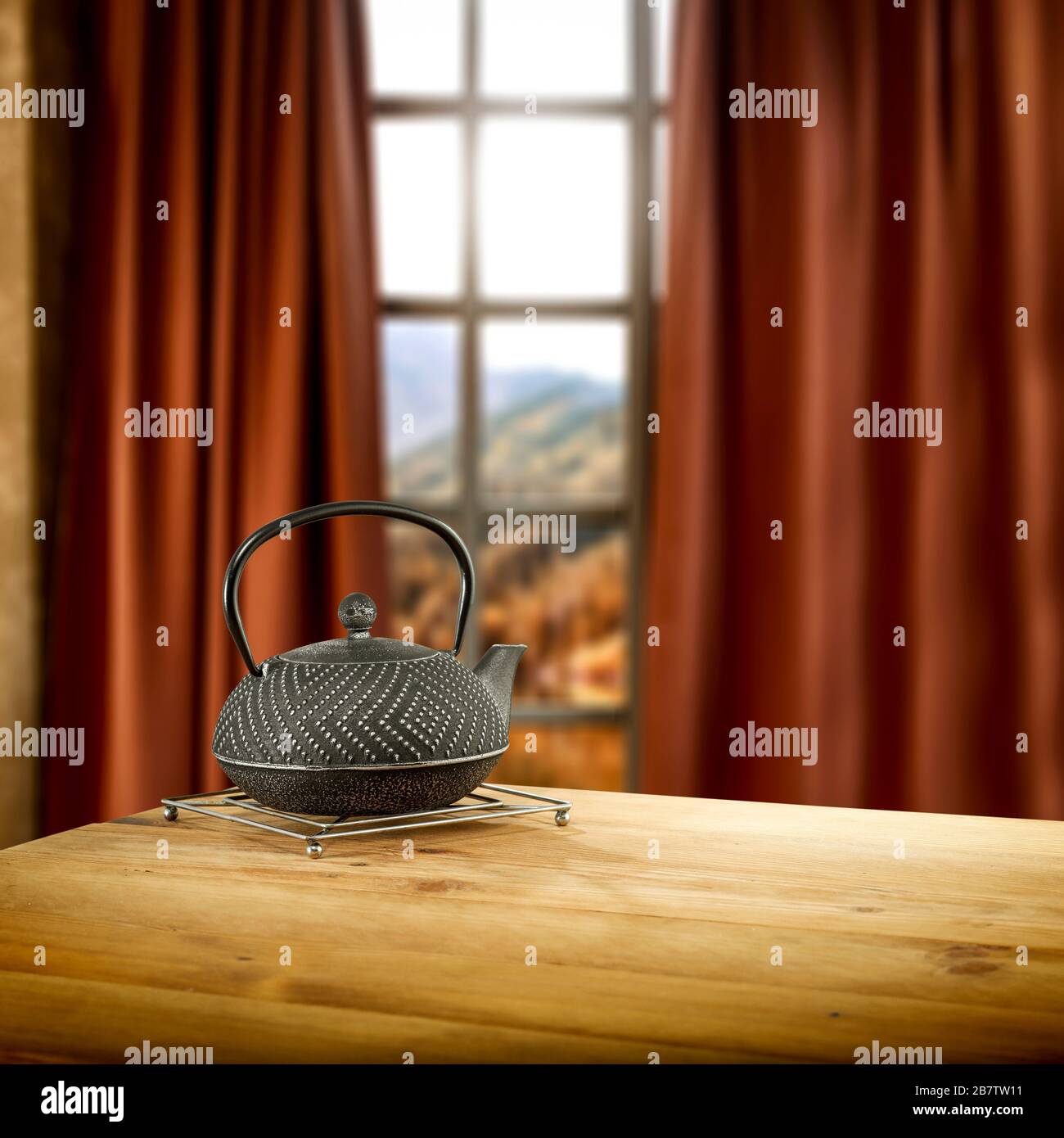 Wooden tabletop with window home interior background Stock Photo - Alamy