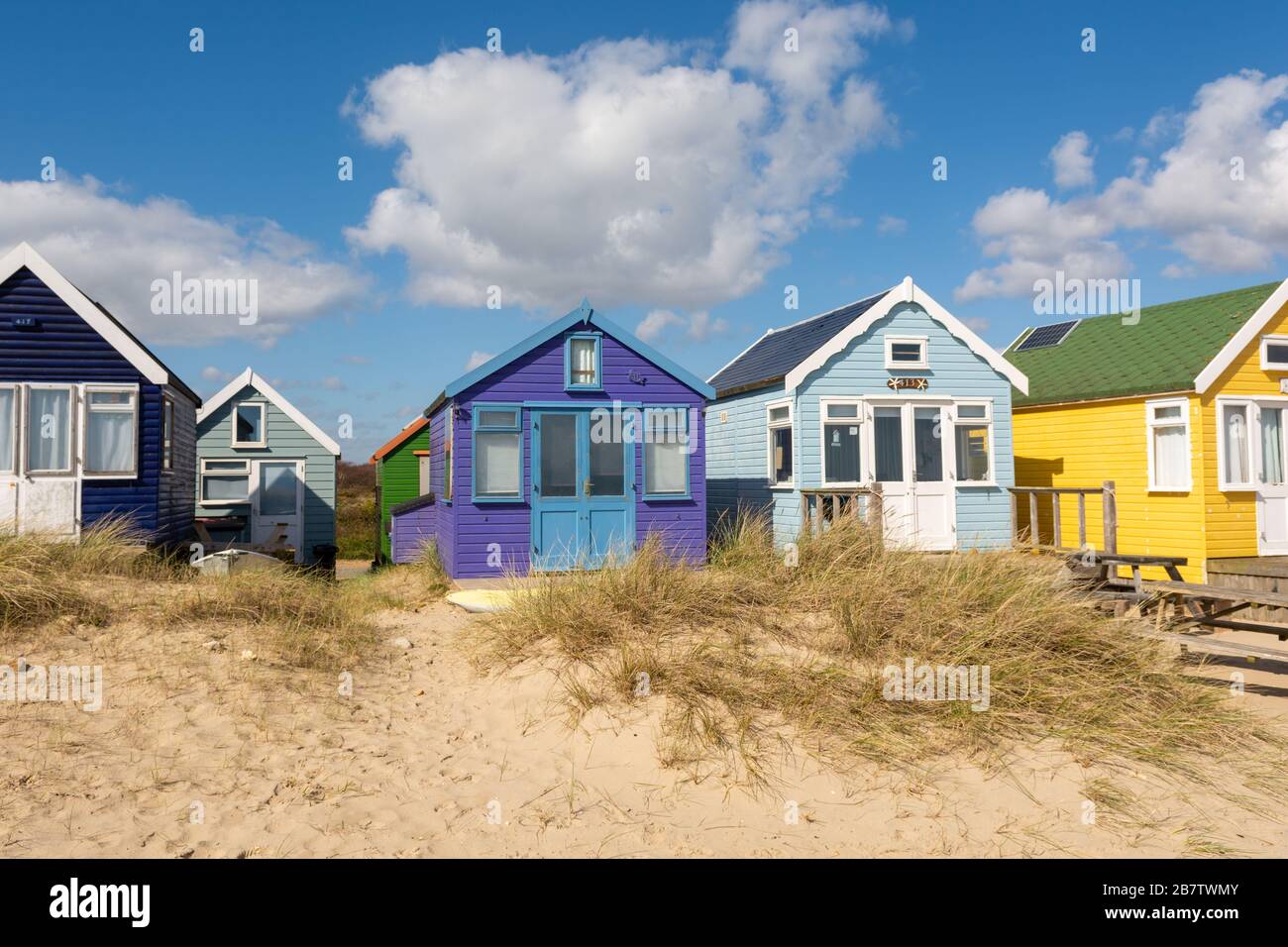 Colourful beach huts on Hengistbury Head spit, Mudeford, Christchurch ...