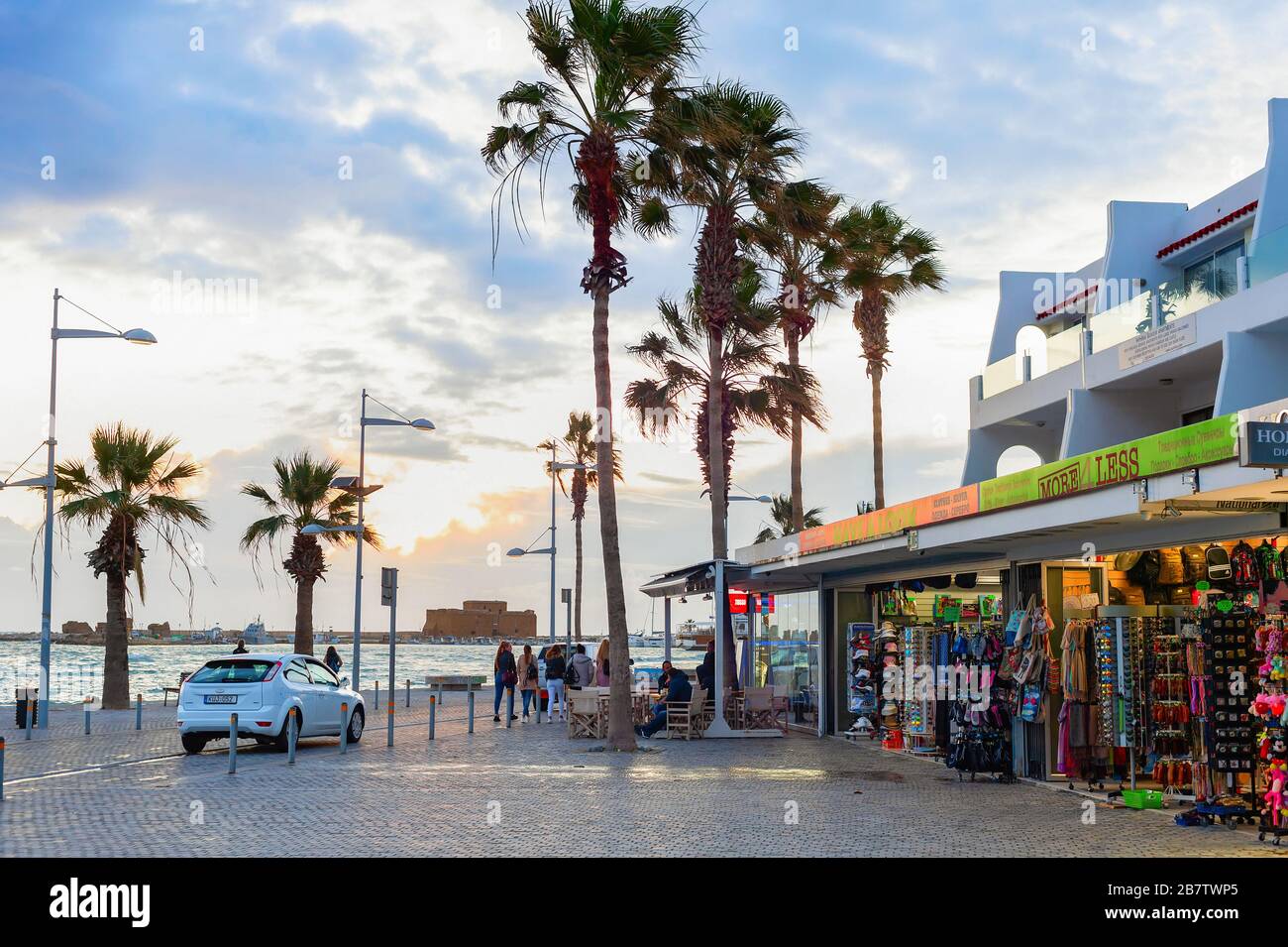PAPHOS, CYPRUS - FEBRUARY 15, 2019: Touristic downtown embankment with ...