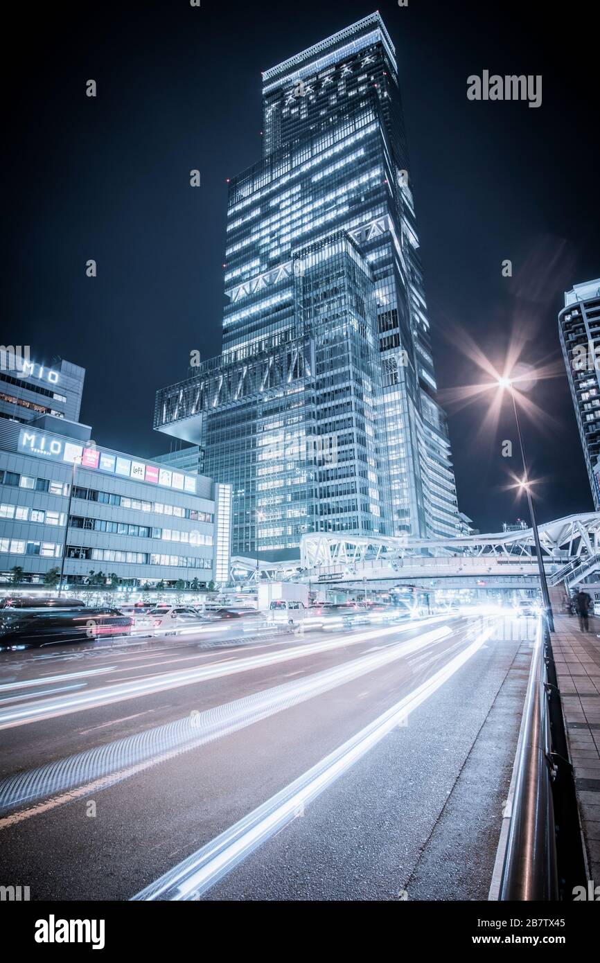 Stylized night view of a street scene in the Tennoji area of Osaka in ...