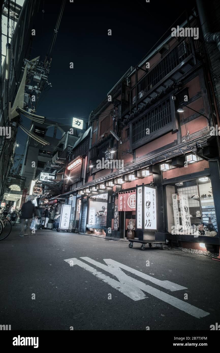 Night view of a Japanese restaurant in a back street in Namba, an area ...