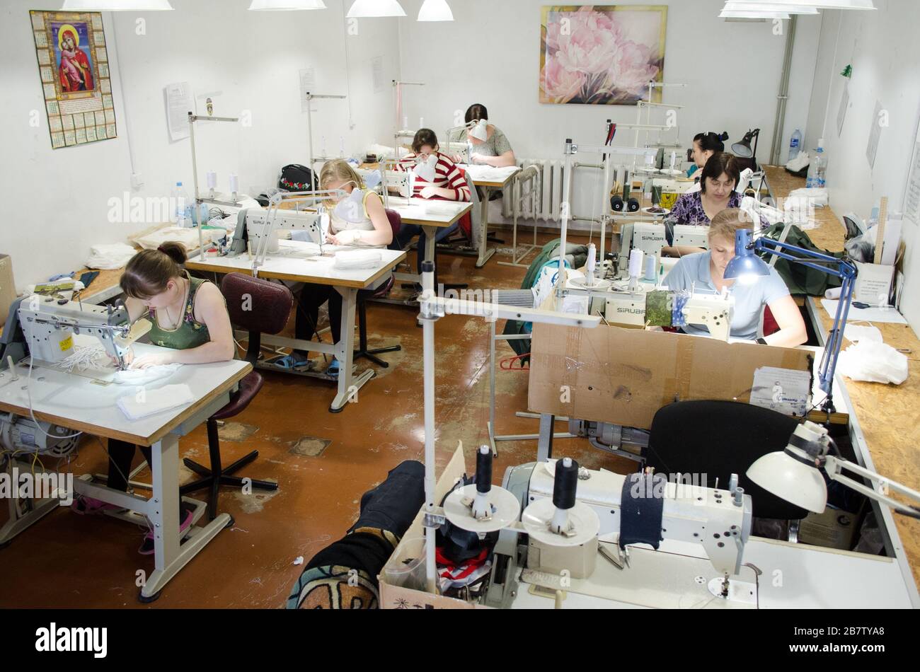 March 18, 2020. Ukraine, Donetsk region. Medical masks are made in a ...