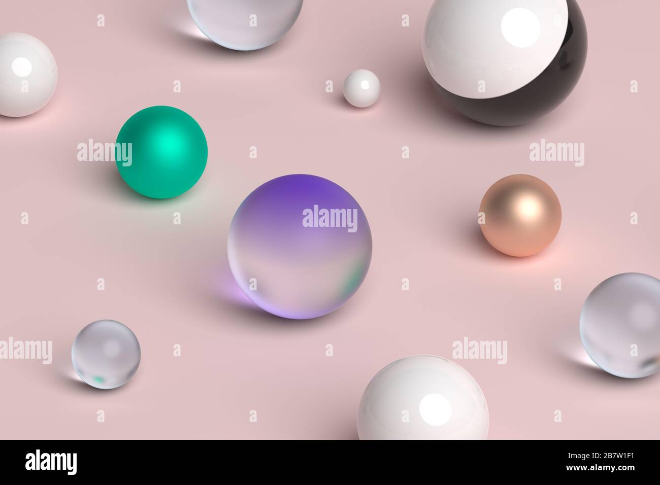 Abstract 3d rendering of geometric shapes. Composition with spheres ...