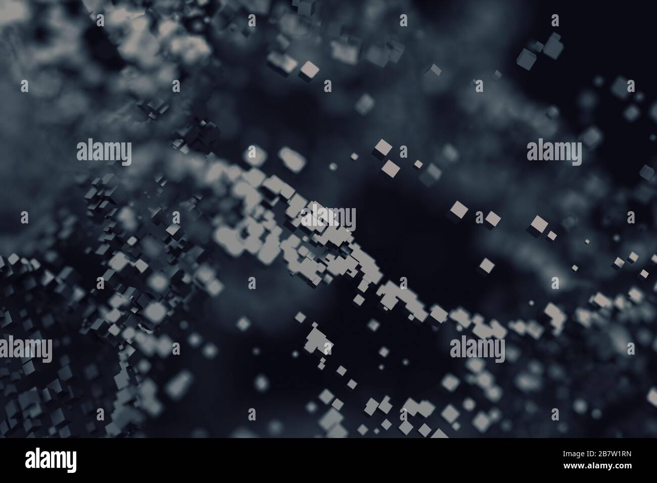 Abstract 3d rendering of chaotic particles. Flying cubes in empty space. Dynamic shape ...