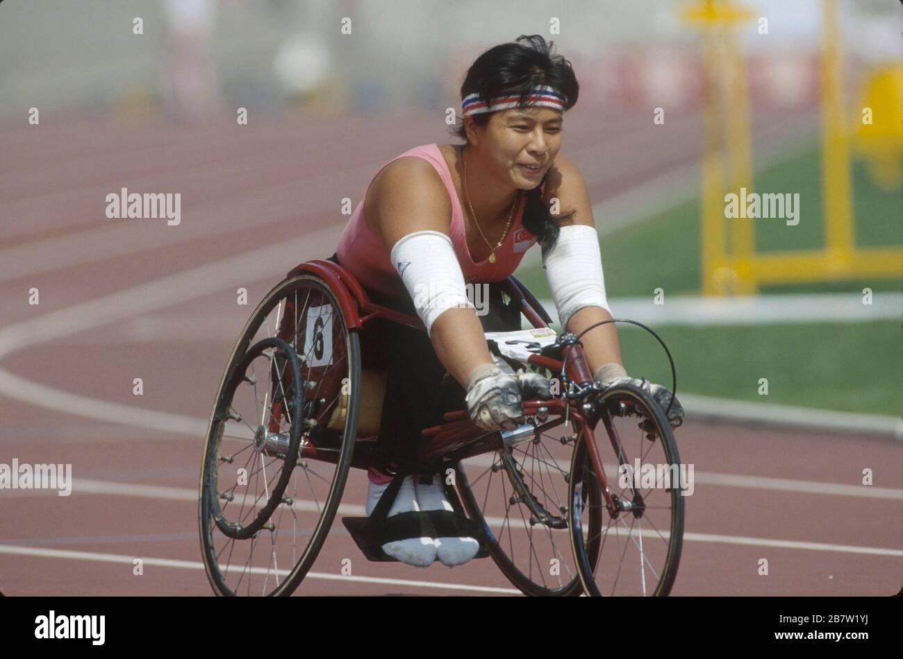 Barcelona, Spain, 1992:Female Canadian sprinter competes in wheelchair ...