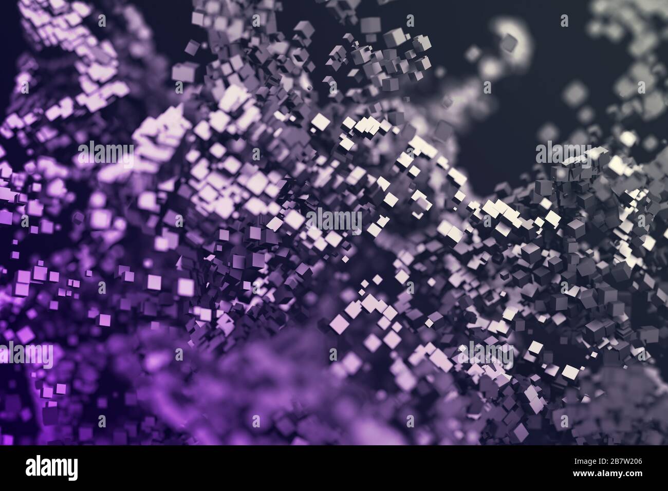 Abstract 3d rendering of chaotic particles. Flying cubes in empty space. Dynamic shape ...