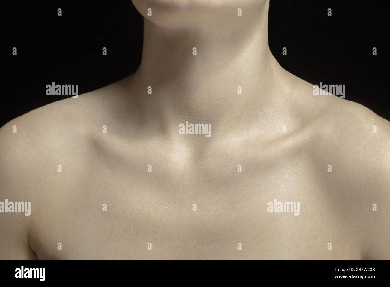 Collarbones. Detailed texture of human skin. Close up shot of young ...