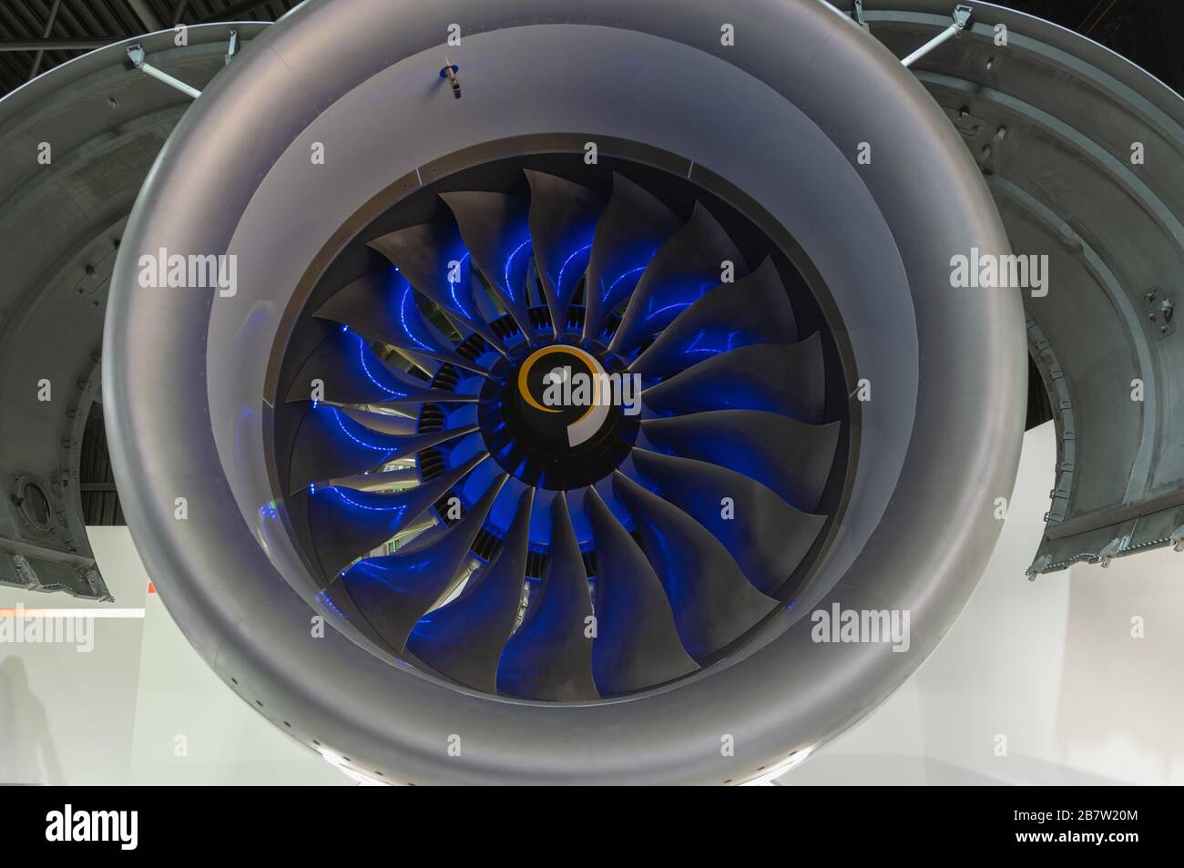 Fan of a civil turbofan aircraft engine in the exhibition hall Stock ...