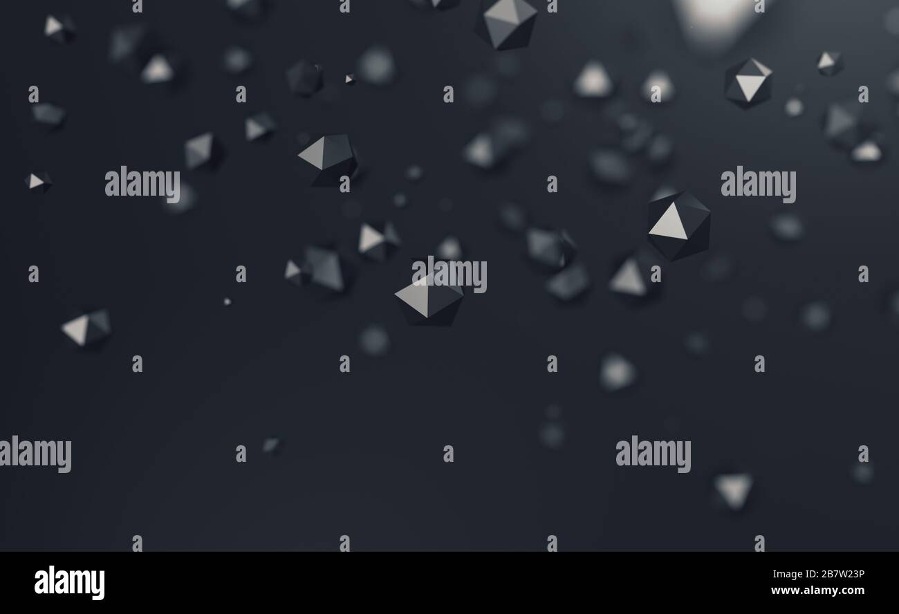 Abstract 3d rendering of chaotic low poly particles. Flying polygonal spheres in empty space ...