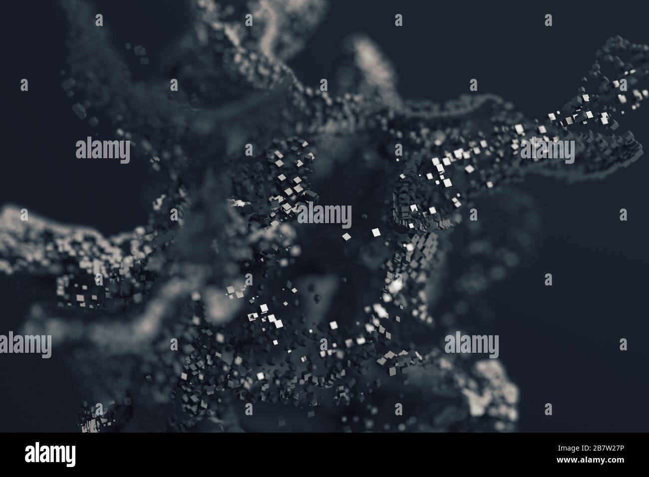 Abstract 3d rendering of chaotic particles. Flying cubes in empty space. Dynamic shape ...